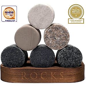 Whiskey Chilling Stones Gift Set - 6 Handcrafted Premium Granite Round Sipping Rocks - 2 Crystal Superior Glasses - Hardwood Presentation & Storage Tray - Elegant Gold Foil Gift Box by R.O.C.K.S.