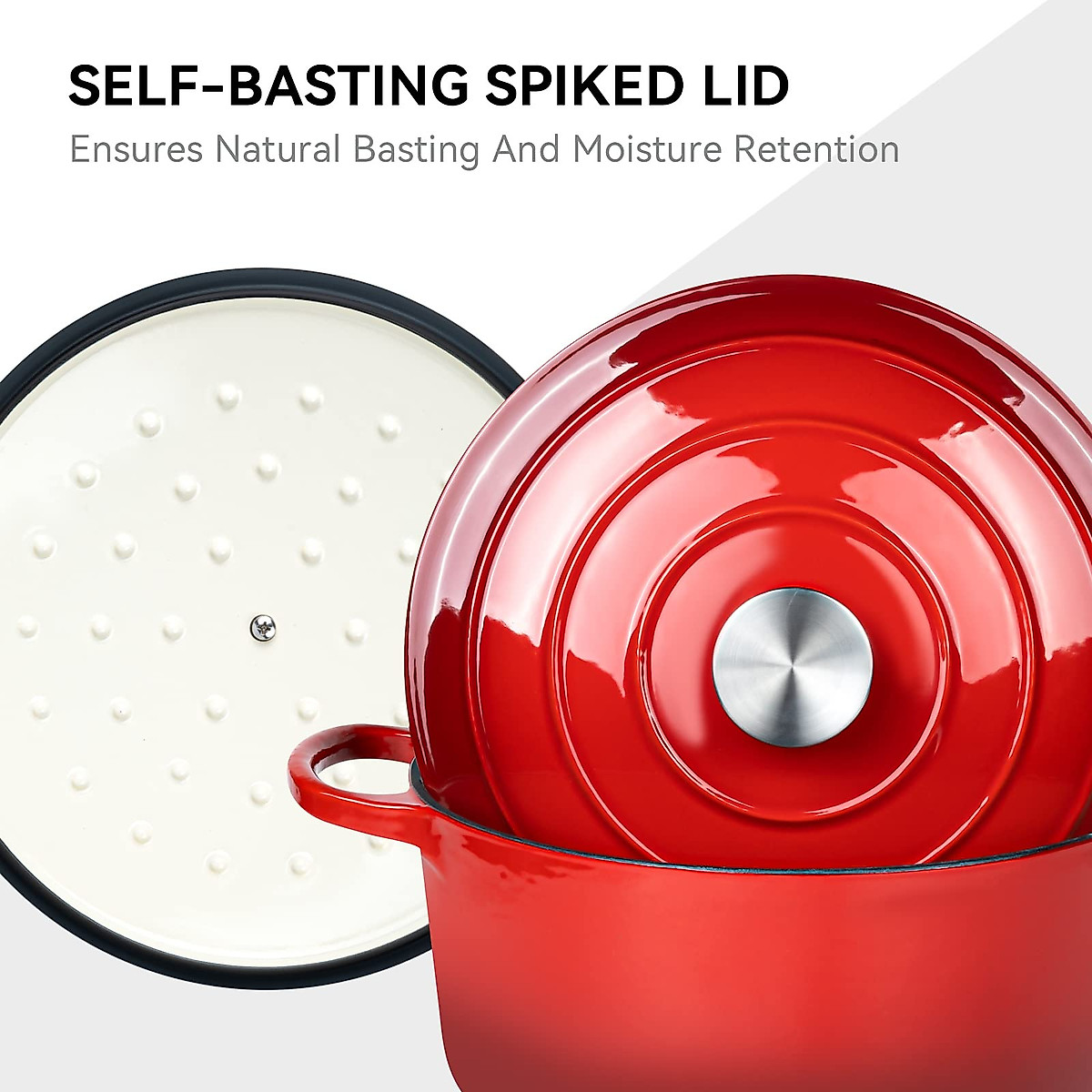 Miereirl 6 QT Enameled Dutch Oven Pot with Lid, Cast Iron Dutch Oven with Dual Handles for Bread Baking, Cooking, Non-stick Enamel Coated Cookware (Red)