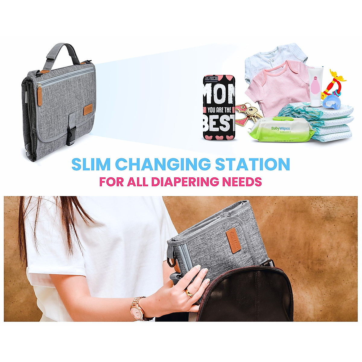 Portable Changing Pad with Shoulder Strap - Detachable Travel Changing Pad - Fully Padded, Lightweight & Waterproof - Diaper Changing Pad - Baby Shower Gifts - Changing Mat (27"x22")