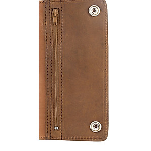 RFID Blocking Men's Tri-fold Vintage Long Style Cow Top Grain Leather with Steel Chain Wallet,Made In USA,Snap closure,G-pu339,crazy horse brown