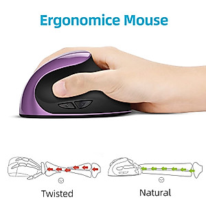 Woddlffy Ergonomic Mouse Wireless,Rechargeable Vertical Mouse Right Handed Small Mouse with 6 Buttons 1000/1200/1600 for Laptop,Desktop,PC, MacBook（Purple