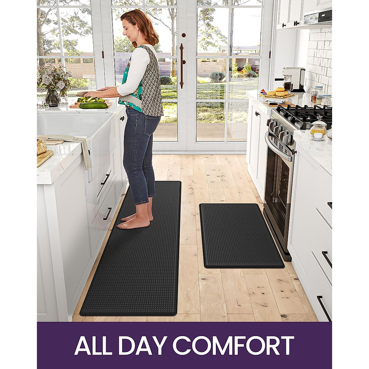 DEXI Kitchen Floor Mats Cushioned Anti Fatigue,17x29+17x59, Standing Runner Rug Waterproof, Comfort Memory Foam Padded for Front Sink Laundry Set of 2, Black