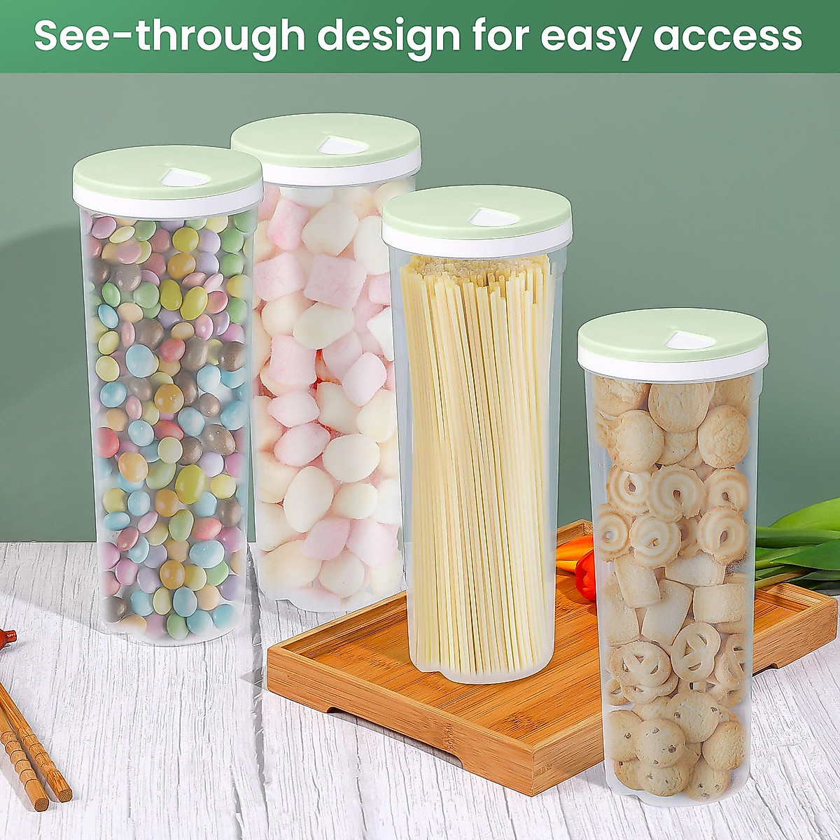 EORTA Plastic Spaghetti Container Noodle Pasta Storage Jar with Locking Lid Clear Dry Food Keeper Canister Cereal Crisper Box, Green