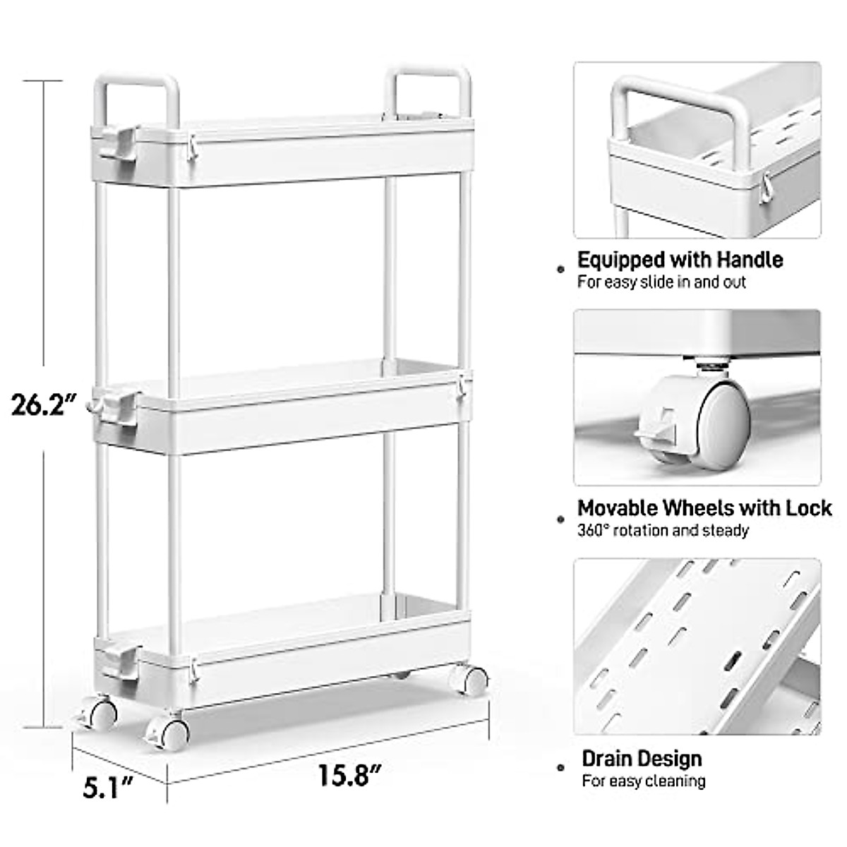 SOLEJAZZ Slim Storage Cart, 3 Tier Bathroom Cart Organizer Mobile Shelving Unit Rolling Utility Cart, Slide Out Organizer for Kitchen, Bathroom, Laundry, Narrow Places, White