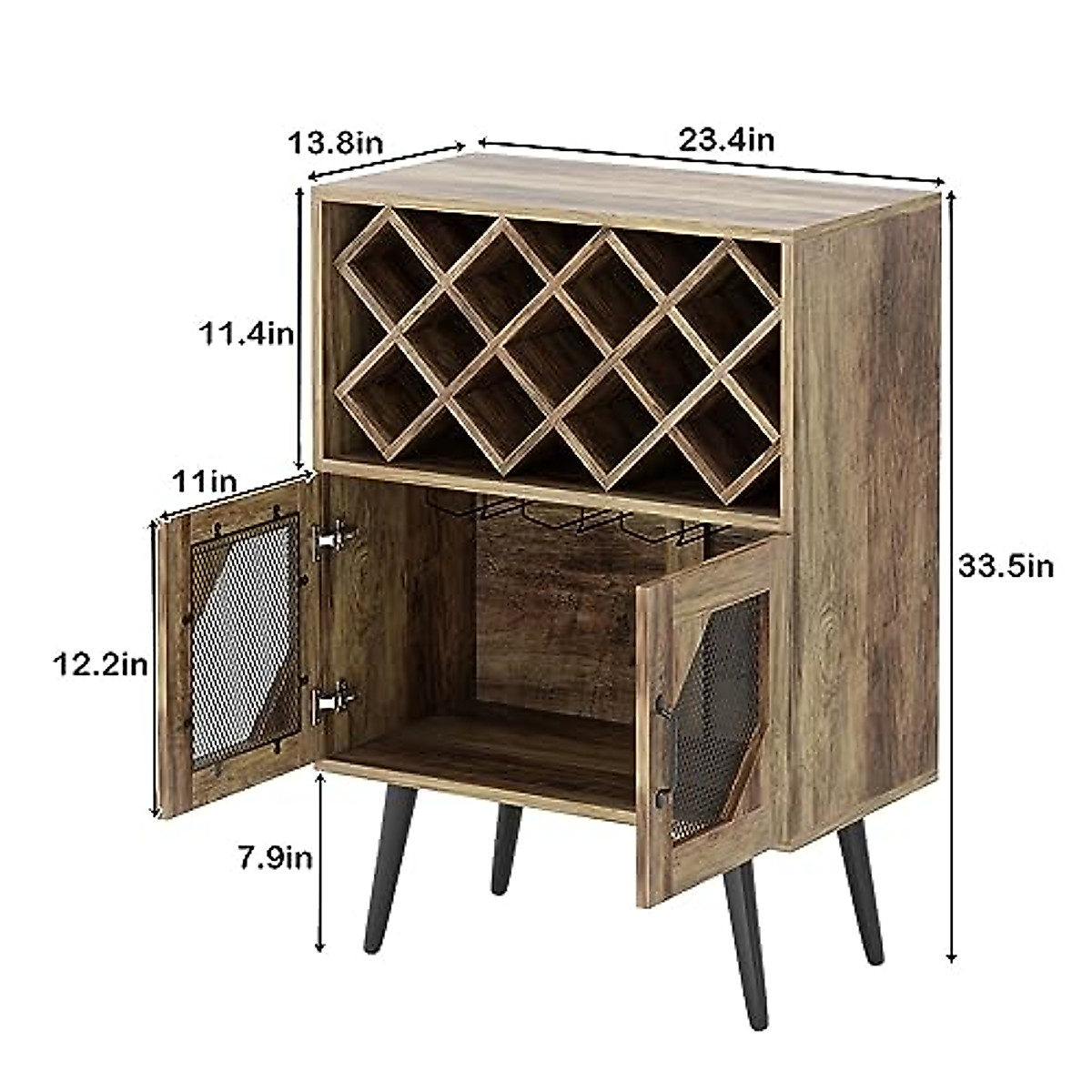 soges Wine Cabinet, 2 Doors Storage Cabinet Bar Cabinet with Cup Holders, Wine Storage Rack with 11 Bottle, Sideboard Buffet Cabinet for Dining Room, Kitchen