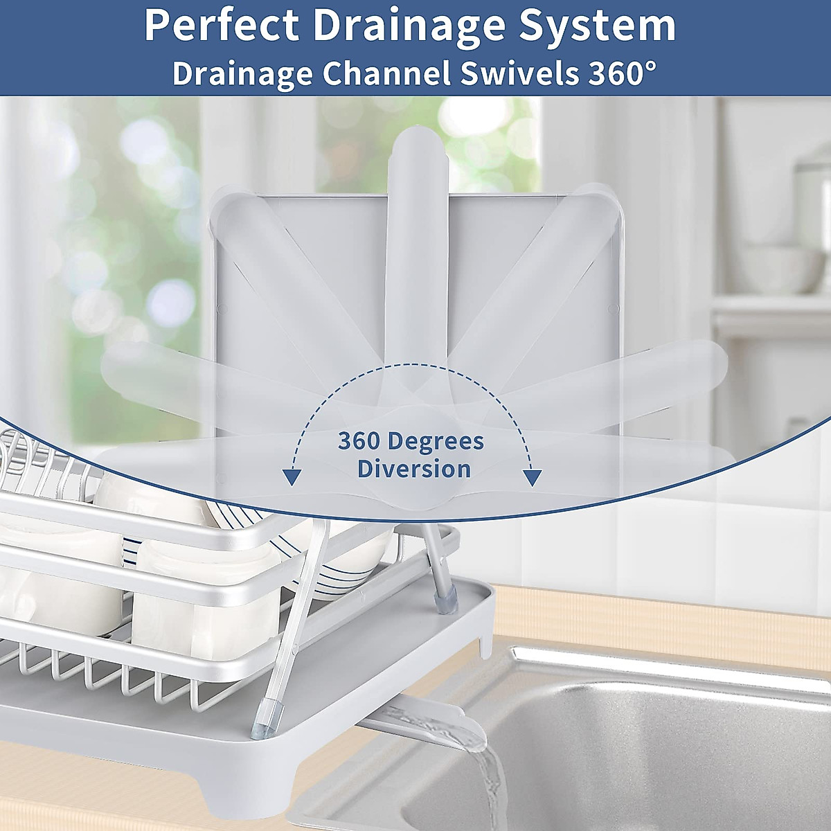 [Upgraded] Aluminum Dish Drying Rack, ROTTOGOON Rustproof Dish Rack and Drainboard Set with Drainage, Utensil Holder, Cup Holder, Compact Dish Drainer for Kitchen Counter, 16.9"L x 12.2"W, Light Gray