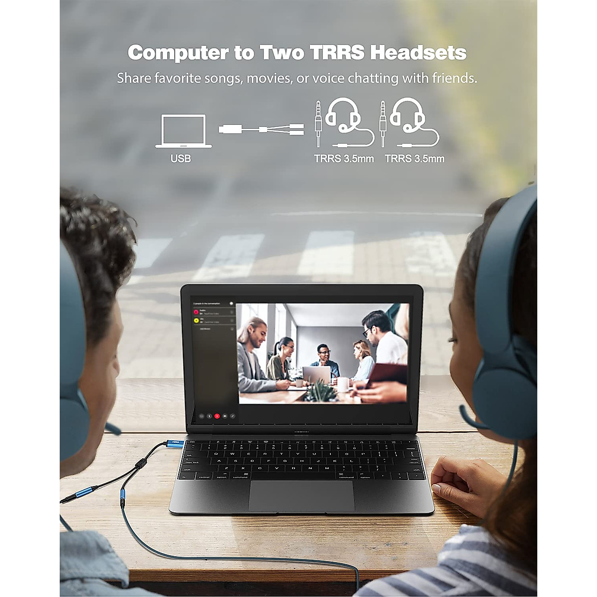 MillSO USB to Dual 3.5mm Audio Jack Adapter, Sapphire Blue TRRS External Stereo Sound Card Headphone Stereo Jack Splitter for Two Headphones, Speakers to a PC, Laptop, Desktop, PS4, PS5-1 Feet