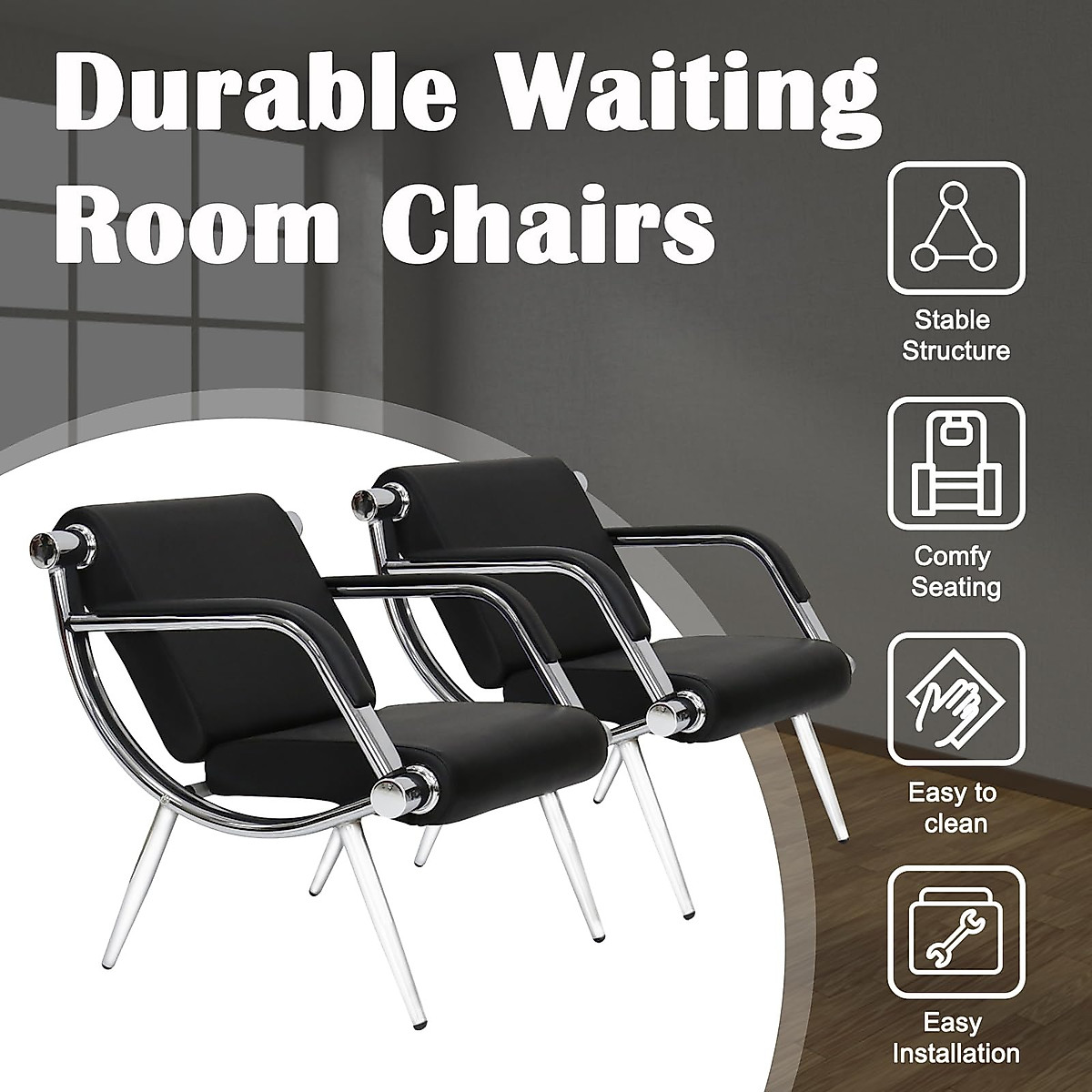 Kinbor 2Pcs Reception Chairs - Black PU Leather Lobby Chairs, Airport Chairs