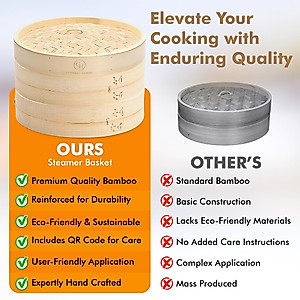Gourmet Heaven Bamboo Steamer Basket Kit 2 Tier-10 Inch-Steamer for Cooking-Dumplings Steamer, Momo,Bao Buns, Asian,Chinese Food Steamer Basket,Silicone Pot, Rice Steamer,Liners-Dim Sum,Soup Steamer