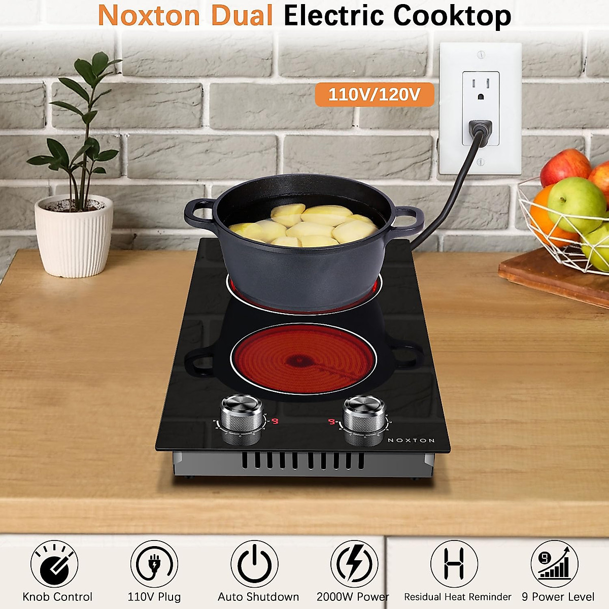 Noxton 110v Electric Cooktop 2 Burners, Plug in Electric Stove 12 Inch, Built-in or Above the Counter Use, 9 Power Level, Knob Control Ceramic Stovetop, Great for the Elderly