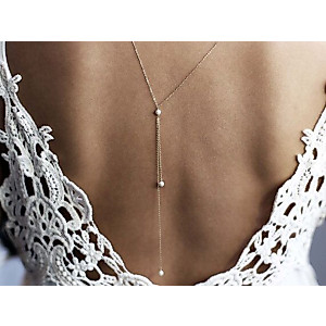 Olbye Back Necklace Pearl Backdrop Necklaces Body Chain Jewelry for Women Bridal Jewelry (Silver)