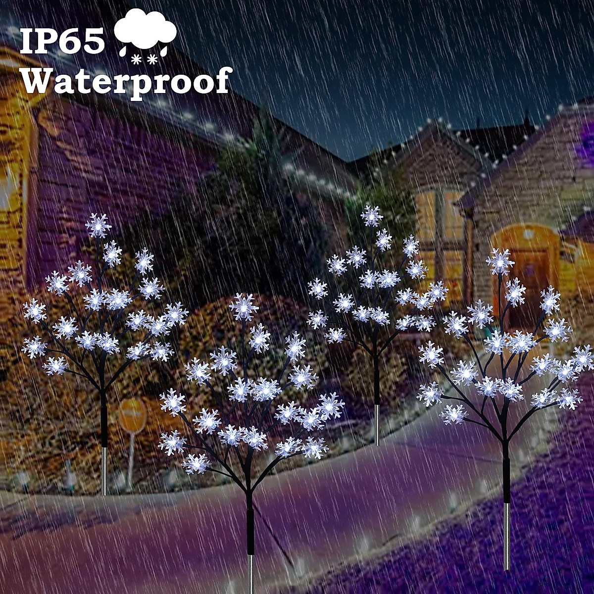 Newest 4-Pack 80LEDs Solar Christmas Snowflake Stake Lights, 8 Modes Solar Snowflake Outdoor Christmas Decorations Lights, Waterproof Solar Christmas Outdoor Lights for Garden Yard Pathway Walkway