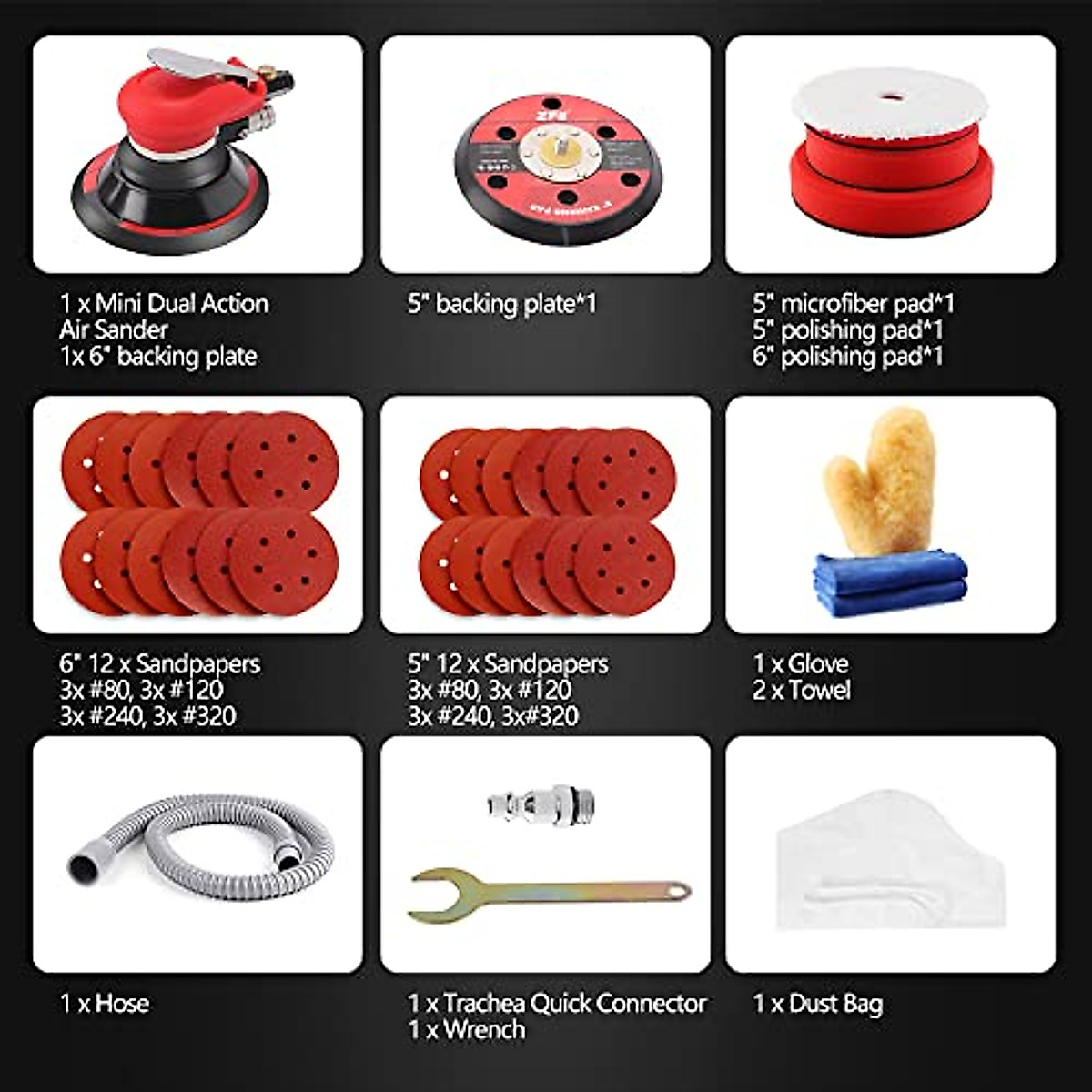 ZFE Random Orbital Sander 5" & 6" Pneumatic Palm Sander with Extra 5" Backing Plate, Sponge Polishing Pads, Sandpapers Low Vibration and Heavy Duty for Wood, Composites, Metal