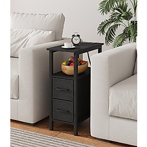 VIMBER Narrow Side Table for Small Spaces, Skinny End Table with Charging Station, Sofa Beside Table with 2 Drawers 1 Open Compartment, Slim Nightstand with USB Ports Outlet, Rustic and Brown UTBT004F