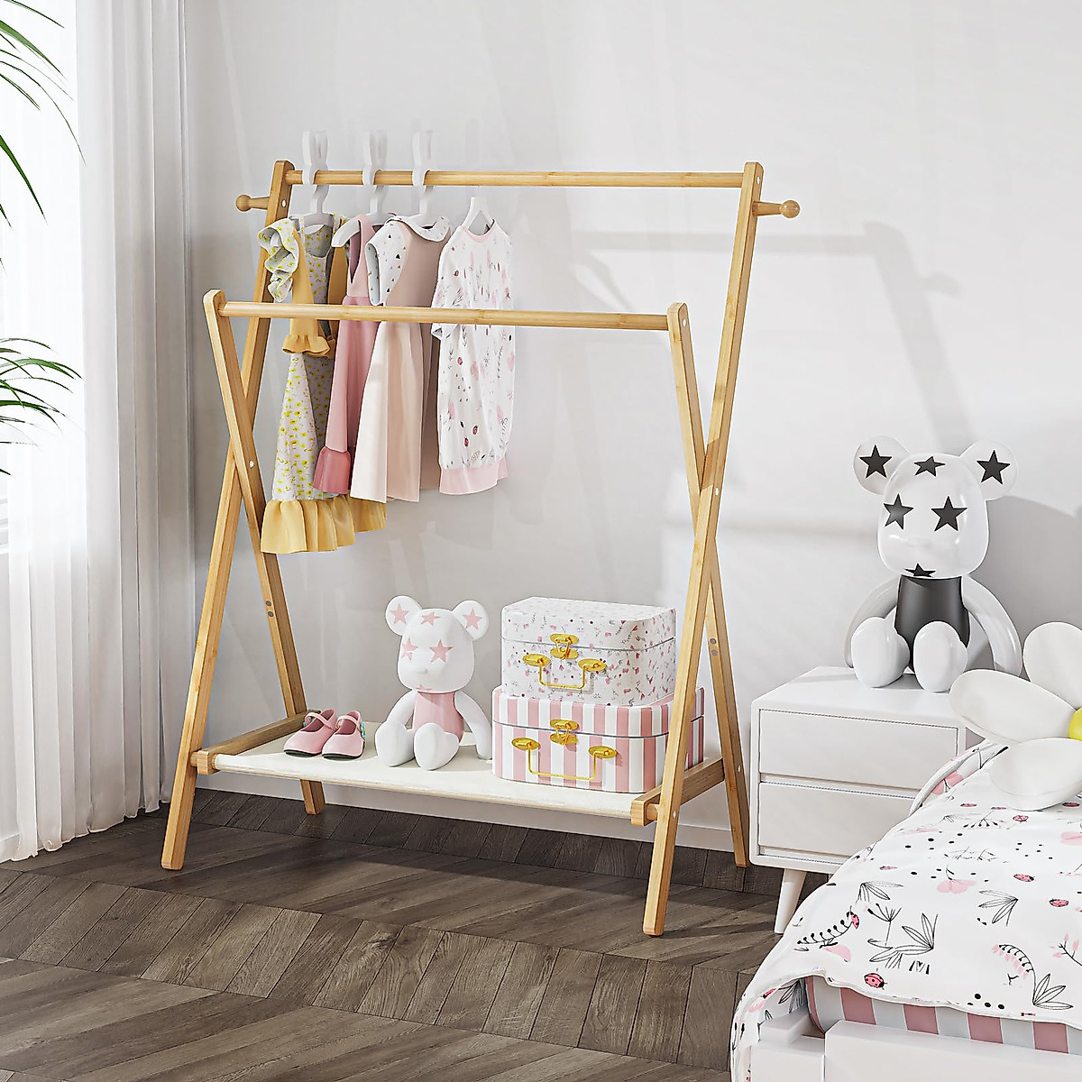 BAMBOOHOMIE Kids Clothing Rack, Small Clothes Rack for Toddler Pets, Kids Dress Up Rack with Storage Shelf & Double Rods, Foldable Kids Clothes Rack for Nursery Child's Room (Regular Size)