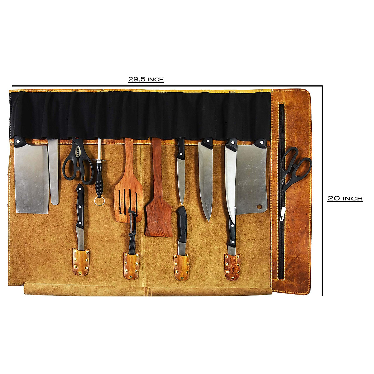 Aaron Leather Goods Vendimia Estilo Leather Knife Roll Storage Bag, Elastic and Expandable 10 Pockets, Adjustable/Detachable Shoulder Strap, Travel-Friendly Chef Knife Case Roll (Caramel, Leather)