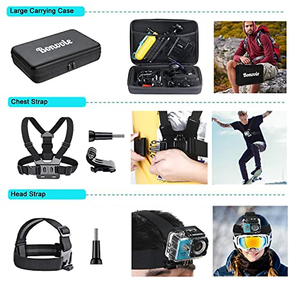 Action Cameras Accessory Kit, Bonvvie 50-in-1 Sports Camera Accessory Kit Compatible with Hero 13/12/11/10/9/8/7 Black, Max/Fusion, Insta360 Osmo Action SJCAM SJ6000 SJ5000 Campark REMALI
