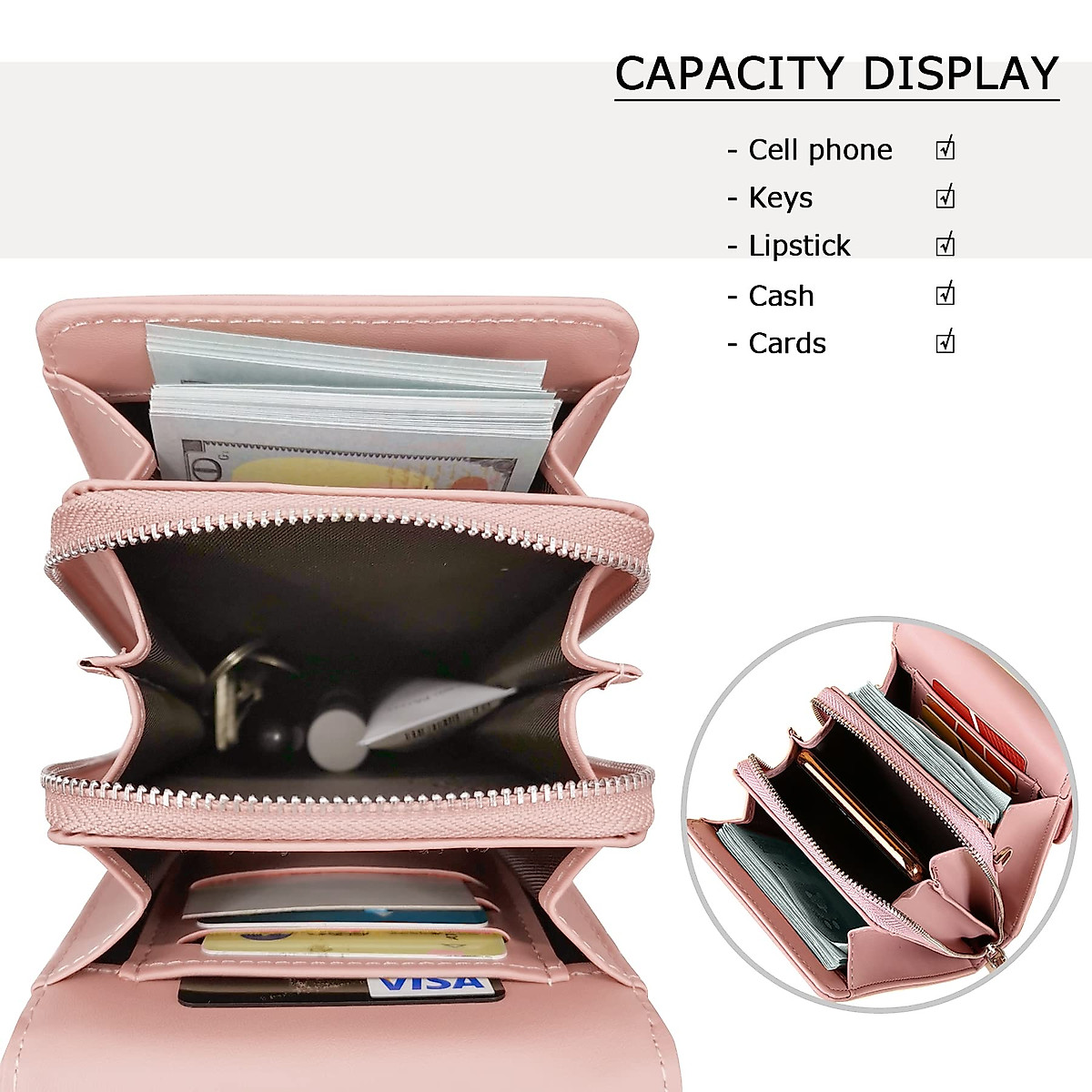 Aovtero Small Cell Phone Crossbody Purse for Women Mini Shoulder Handbag Wallet with Credit Card Slots (Pink)