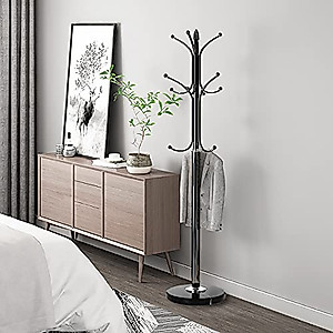 Kertnic Metal Coat Rack Stand with Natural Marble Base, Free Standing Hall Tree with 12 Hooks for Hanging Scarf, Bag, Jacket, Home Entry-way Hat Hanger Organizer (Black)