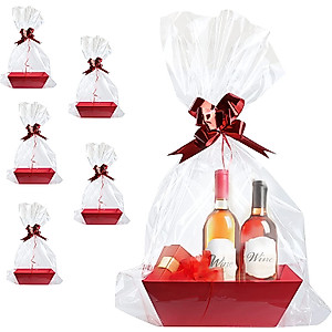 Upper Midland Products [5 Pk] Red Baskets for Gifts Empty| 8x10” Gift Basket Kit with Basket Bags, Red Pull Bows| Wine, DIY Basket Gift Set| Christmas,Valentines,Friendship| Gift to Impress