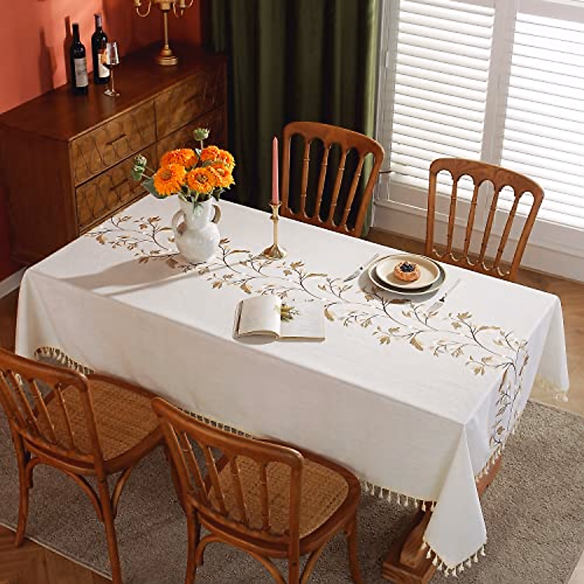 Laolitou Cotton Linen Waterproof Tablecloth for Dining Table Farmhouse Kitchen Rectangle Table Cloth Coffee Wrinkle Free Table Cover, Beige, Coffee Flower, 55x86 Inch