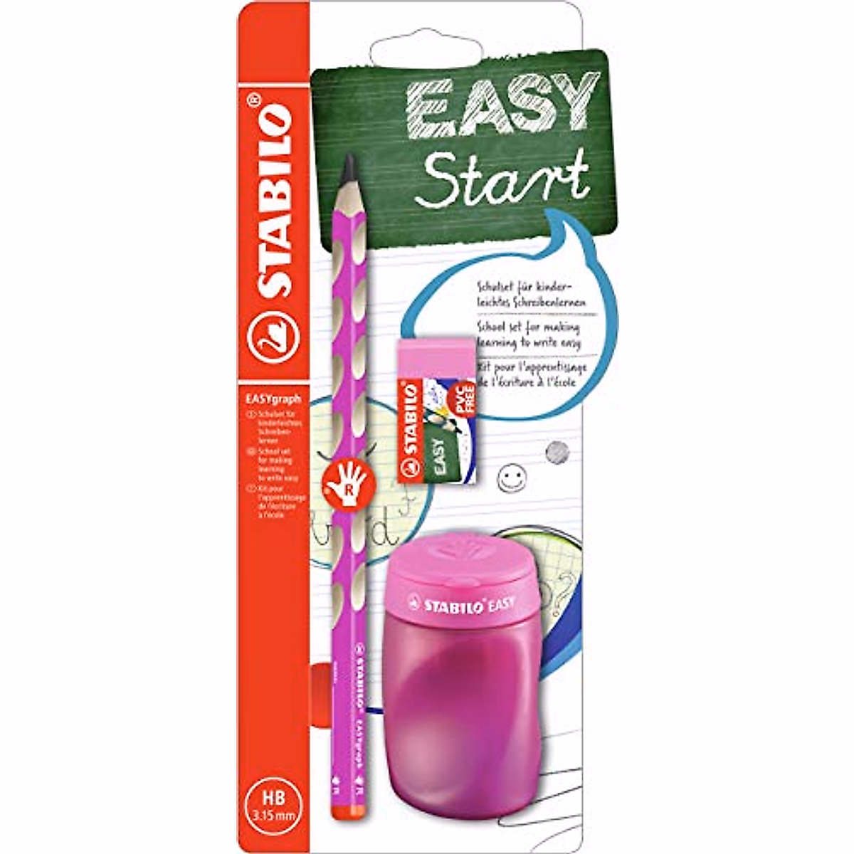 STABILO EASYgraph School Set Right Handed Pink EASYgraph Pencil + EASYsharpener + EASYeraser
