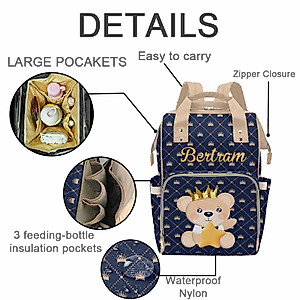 M YESCUSTOM Customized Prince Bear Diaper Bag for Boys Girls Baby, Personalized Blue Crown Cute Mommy Daypack with Name, Nylon Waterproof Backpack for Travel, Lovely Custom Gift for Women