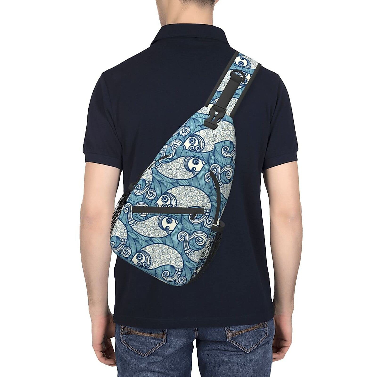 Japanese Wave With Fish Crossbody Sling Backpack For Men Women,Shoulder Chest Daypack Bag For Travel Hiking