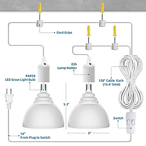 Barrina LED Grow Light Bulb, 50W Full Spectrum, with 16.4FT Power Cord, Hanging Grow Lights for Indoor Plants, Large Tall Plant, Garden, Flowers, Greenhouse, 2-Head