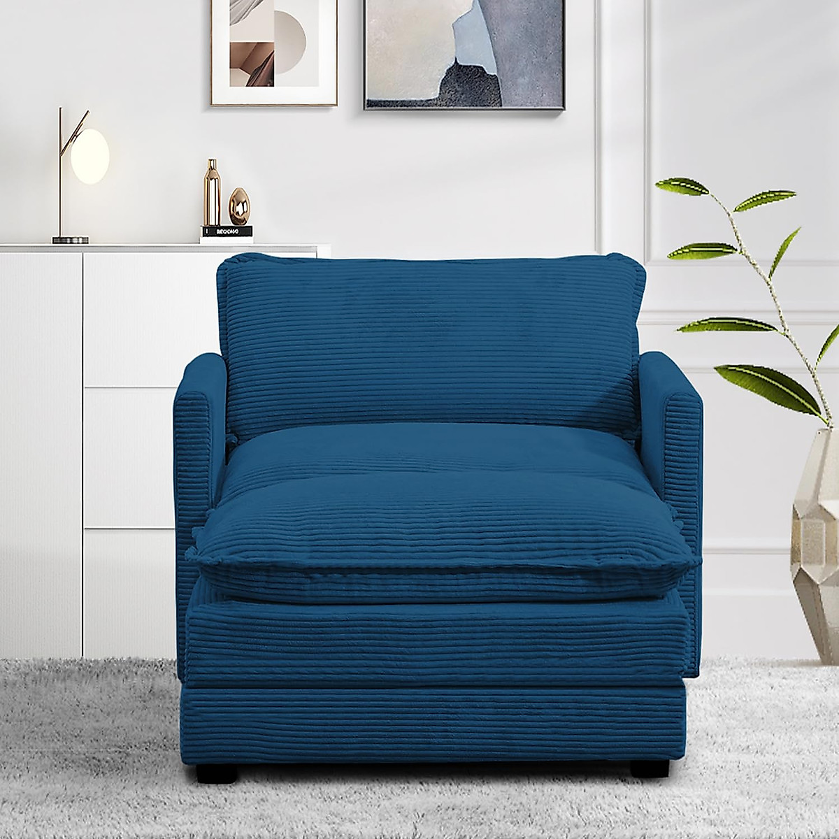 ROWHY Single Armchair with Ottoman, Modern Corduroy Cloud Couch with Convertible Chaise, Upholstered Sofa Set for Living Room and Office, Blue
