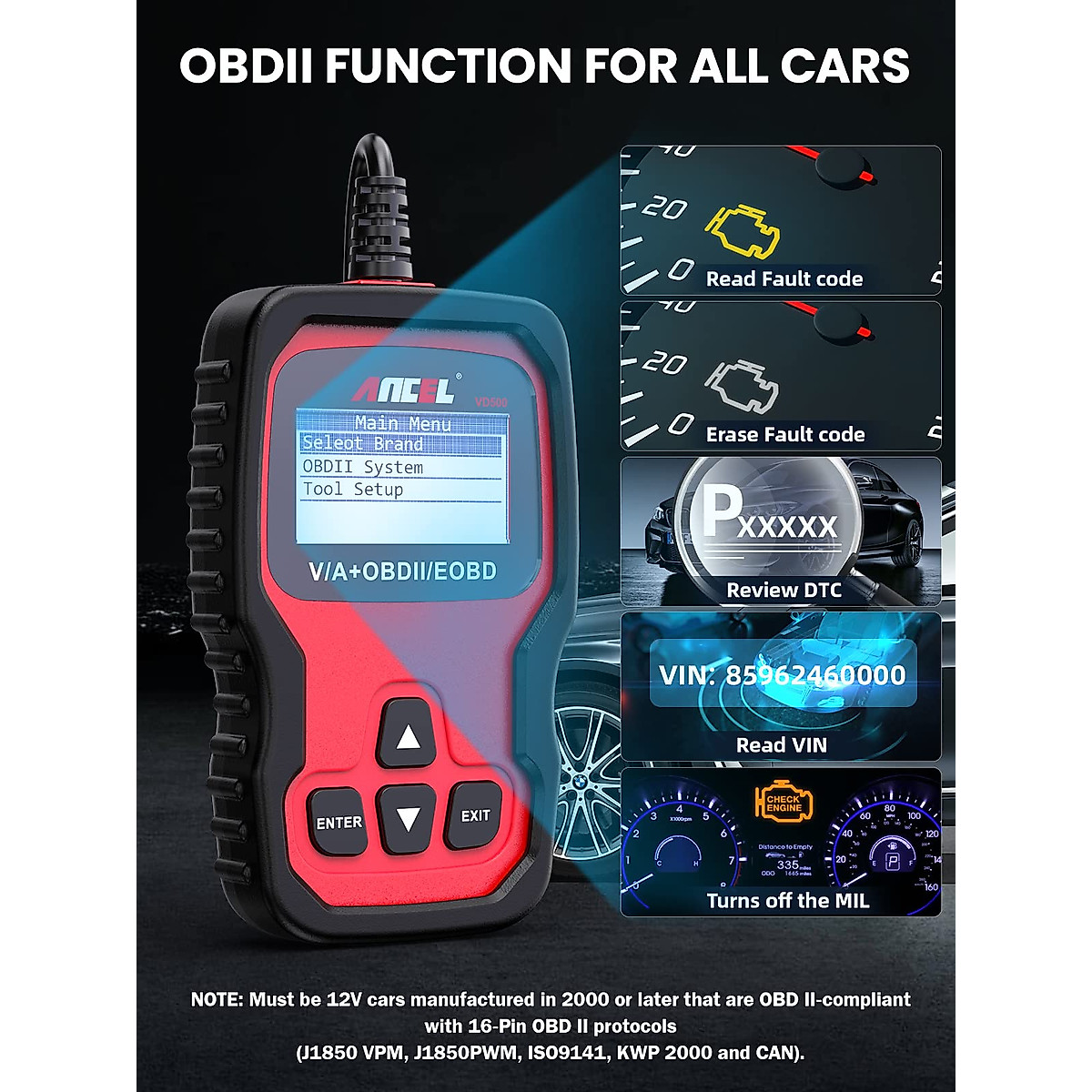 ANCEL VD500 OBD II Diagnostic for VAG Engine EPB ABS SRS Code Reader Oil Throttle Position Adaption Brake Reset with ANCEL BST200 12V Car Battery Load Tester