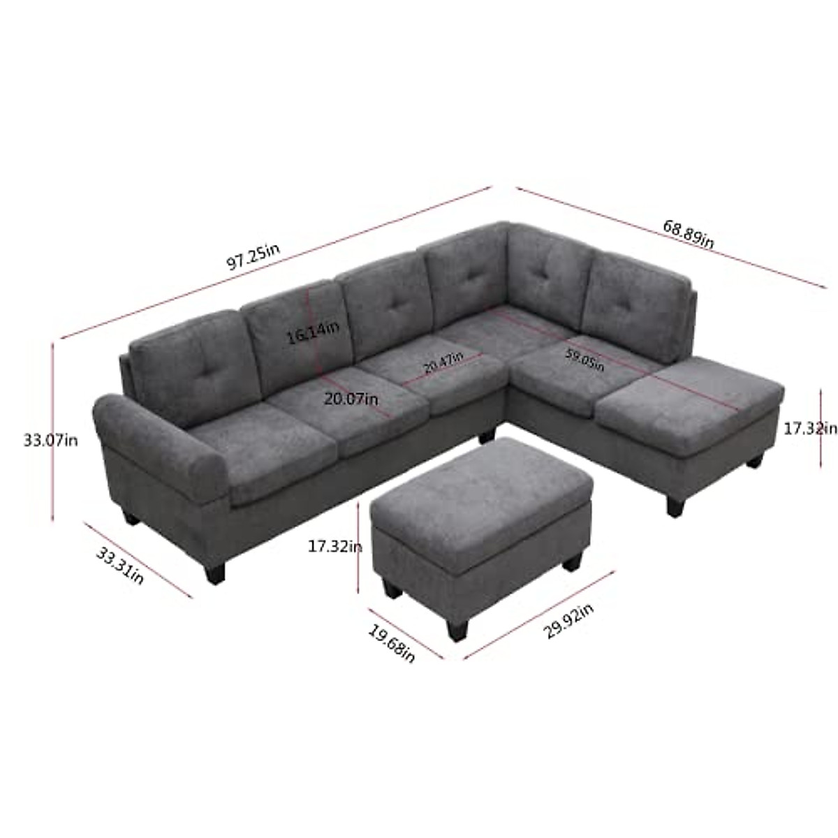 EMKK Modern Sectional Sofa Set Left Right Chaise Lounge & Storage Ottoman Upholstered Corner L Shaped Sofá Living Room Couch w/Cup Holder, Arm Nail for Home/Office, Grey Leftchaise
