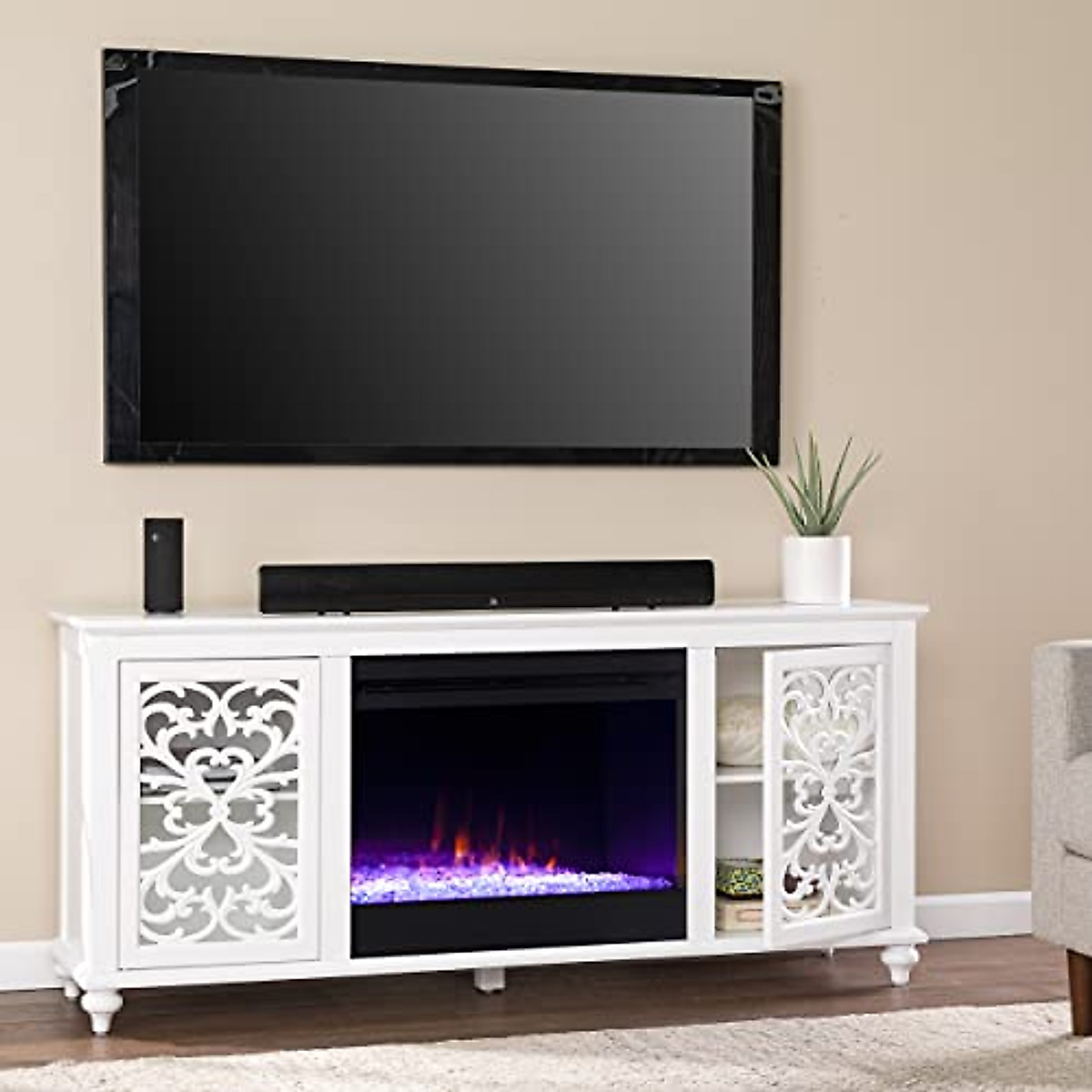 SEI Furniture Maldina Electric Fireplace TV Stand for TVs up to 56 Inches with Color Changing LED Flame, White
