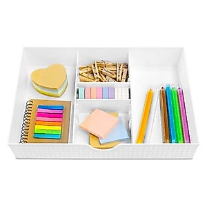 CAXXA 3 Slot Drawer Organizer with Two Adjustable Dividers - Drawer Storage 5 Compartments Junk Drawer Organizer for Office Desk Supplies and Accessories, White