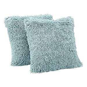 Amazon Basics Shaggy Long Fur Faux Fur Throw Pillow Covers, 18"x18", Pack of 2 - Teal Blue
