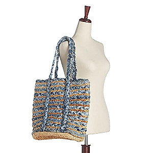 Olivia Miller Women's Fashion Ally Natural Beige w Blue Denim Straw Jute Tote Bag w Top Handles, Medium Boho Casual Purse Handbag
