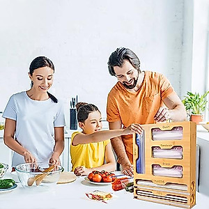 Ziplock Bag Organizer, Bag Storage Organizer for Kitchen Drawer, Plastic Wrap Dispenser with Cutter, 6 IN 1 Bamboo Foil and Plastic Wrap Organizer, Compatible with Gallon Quart Sandwich and Snack Bag