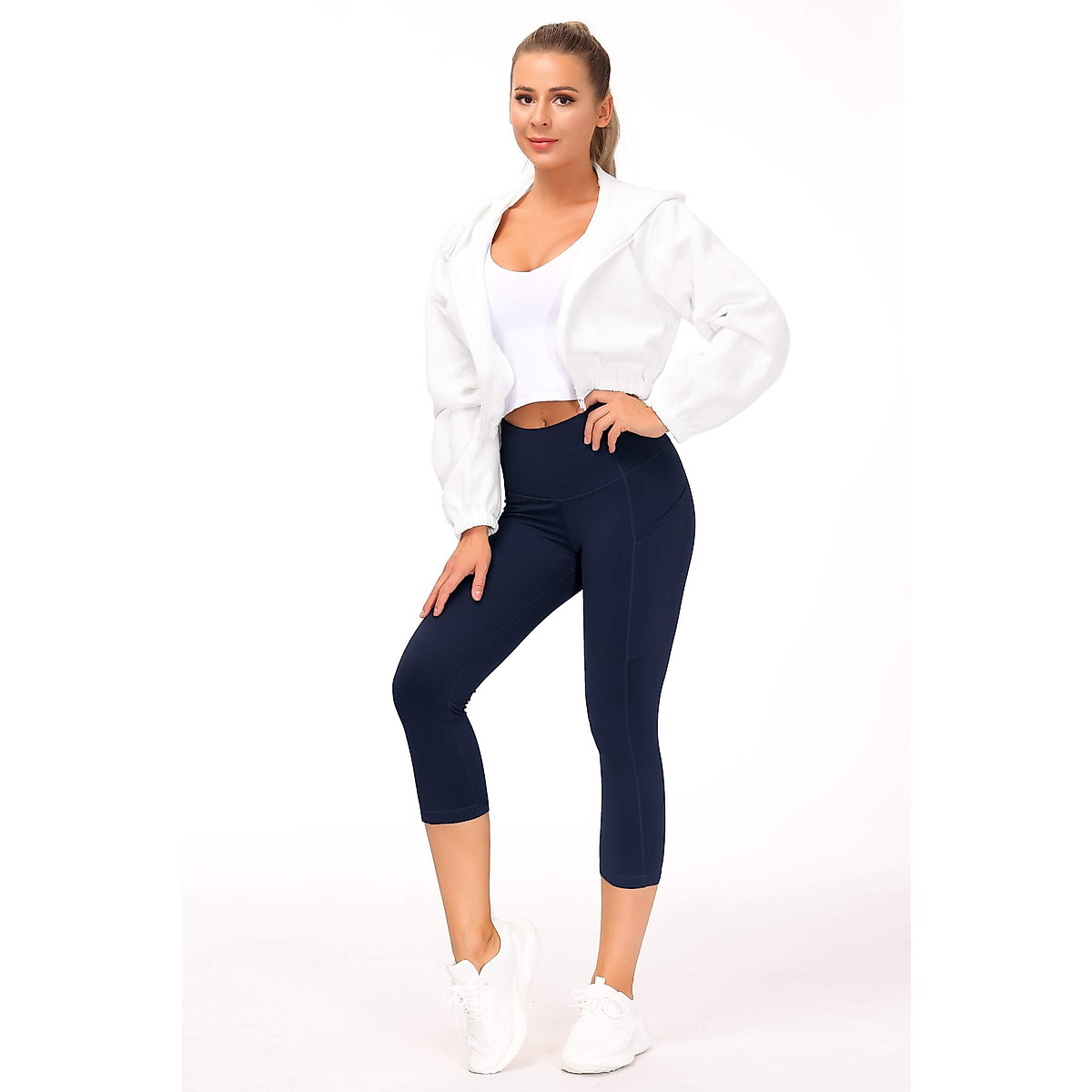 THE GYM PEOPLE Thick High Waist Capris Yoga Pants with Pockets, Tummy Control Workout Running Yoga Leggings for Women Navy Blue