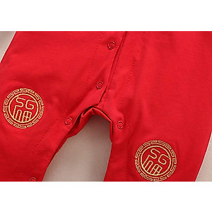 3PC Newborn Baby Girl Boy New Year Tang Suit Red Romper Bodysuit Hat Shoes Outfits (Red, 18-24 M)