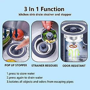 Upgraded 3 in 1 Kitchen Sink Drain Strainer 304 Stainless Steel Pop up Kitchen Sink Stopper Kit Basket Strainer with for Standard 3-1/2 inch Drain Filter, Anti-Clogging and Detachable