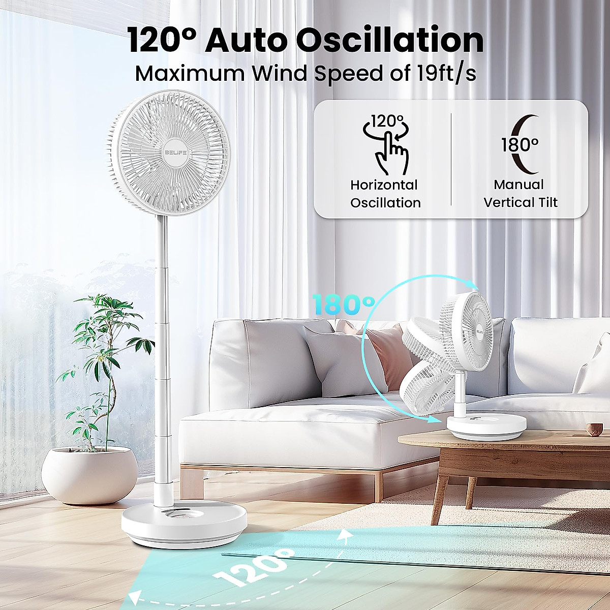 Belife X10 Portable Fan, Cordless 7200mAh Battery Operated Oscillating Fan, USB Rechargeable Desk Floor Fan with Remote & Timer & Light, Foldable Telescopic Fan for Home Bedroom Travel Camping (Navy)