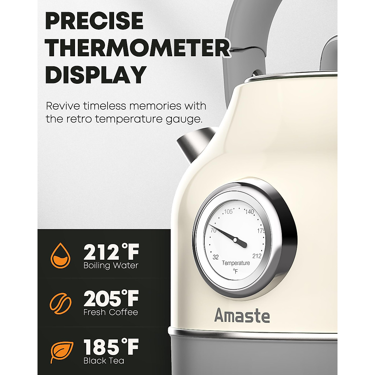 Amaste Electric Kettle, Retro Electric Tea Kettle With Thermometer, 57 Oz Hot Water Kettle For Coffee & Tea, 304 Stainless Steel, 1500w Fast Boiling, Auto Shut-Off & Boil Dry Protection, Cream White