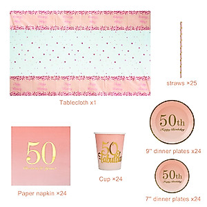 50th Birthday Decorations Party Supplies Set - Disposable Tableware Includes Plates, Cups, Napkins, Straws, Tablecloth for Her 50 Birthday Party - Serves 24