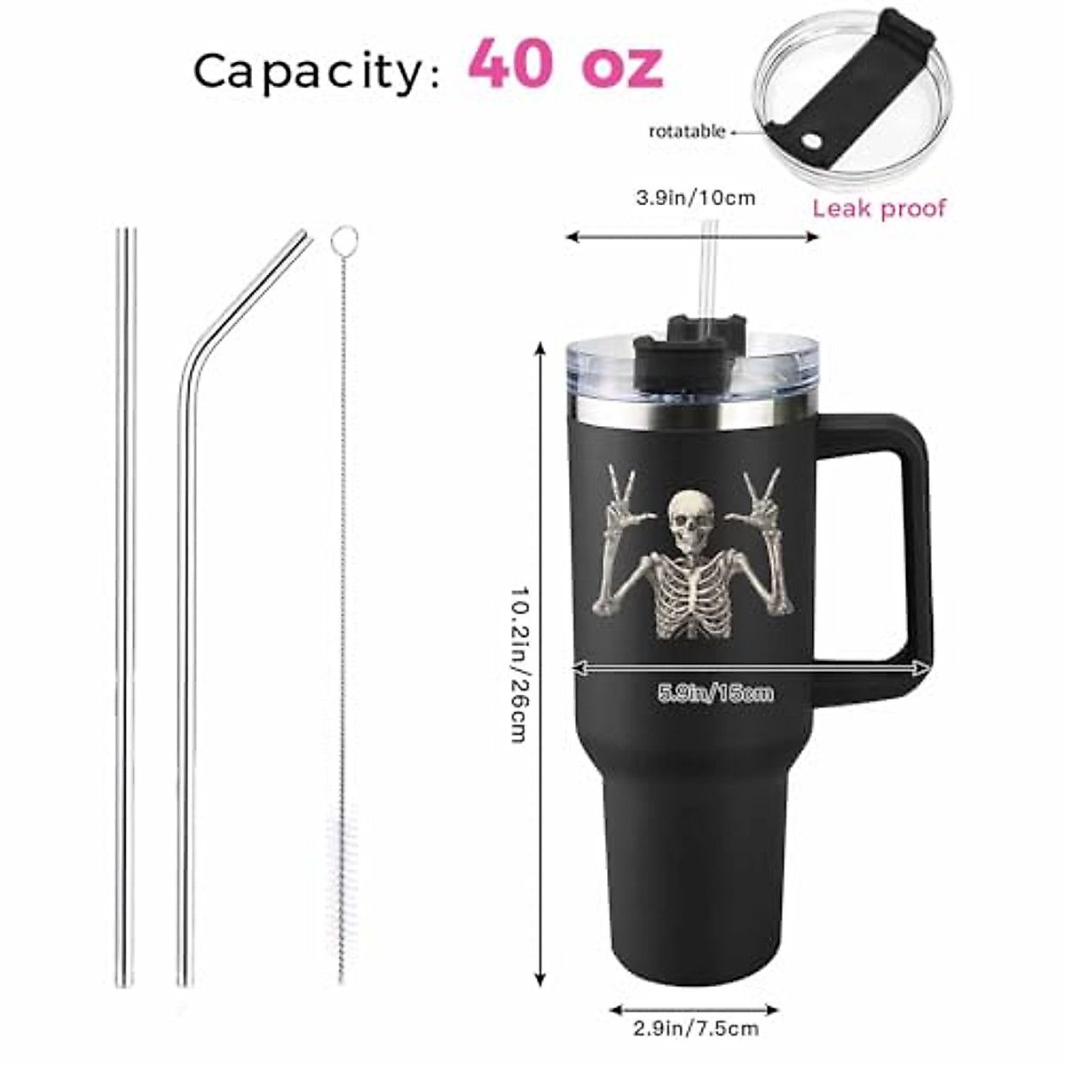 LB LEOBON 40 ounce insulated cup with handle, double-layer vacuum stainless steel material, equipped with straw, can keep warm or maintain cold drinks Funny Skeleton black