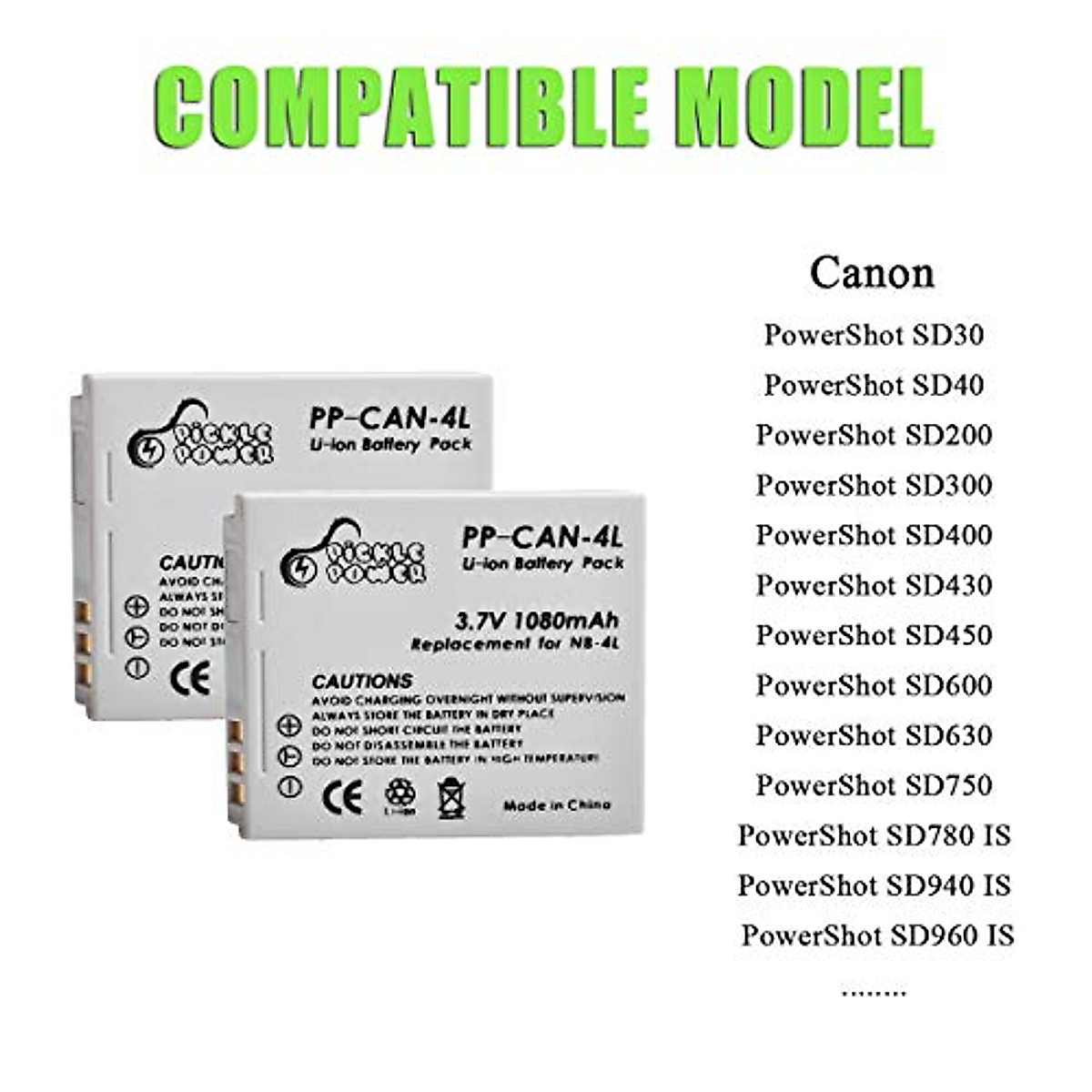 Pickle Power NB-4L Battery and LED Display Charger for Canon PowerShot ELPH 100 HS 300 HS 330 HS 310 HS SD1000 SD1100 is SD1400 is SD200 SD30 SD300 SD40 SD400 SD600 SD750