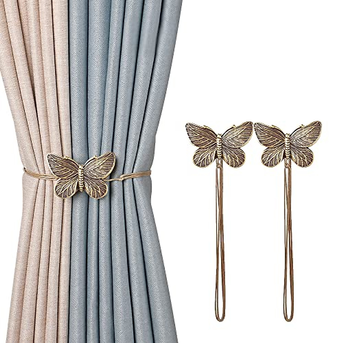Vineland Retro Brown Butterfly Magnetic Curtain Tie Back, 2 Pack Decorative Resin Animal Boho Holder for Curtains Drape, Rustic Home Decoration