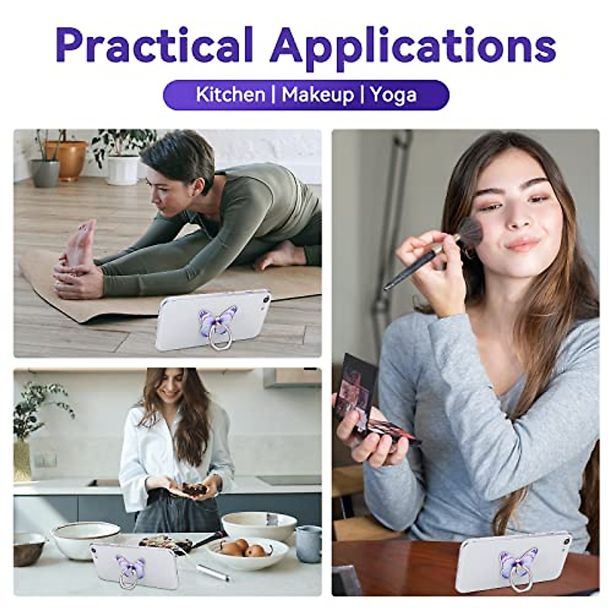 Cobee 3 Pcs Butterfly Cell Phone Ring Stand Holder, Cute Butterfly Pattern Painted Metal Finger Stand Kickstand 360°Rotation Phone Ring Holder Stand Ring Hand Grip with Knob Loop (Blue, Purple, Pink)