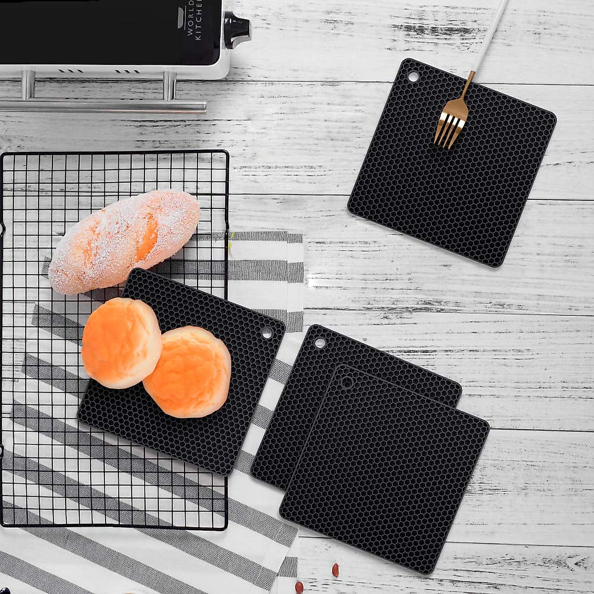 Silicone Trivet Mats Hot Pads, Yolife 4 Pack Multi-Use Trivets mat, Heat Resistant Silicone Pot Holder for Hot Dishes and Hot Pots, Jar Opener, Spoon Holder, Garlic Peeler- Dishwasher Safe (Black)