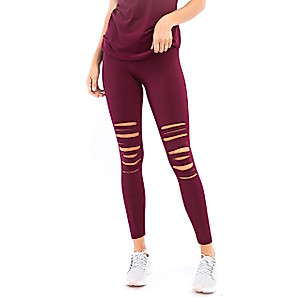 Hype Up Women's High Waisted Ripped Super Buttery Soft Active Wear Full Length Leggings with Inner Pocket (S-3X) Burgundy