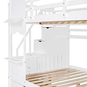 BIADNBZ Full Bunk Bed with Storage Stairs and Slide, 2 Drawers&3 Shelves, Multifunctional Wooden Low Bunkbed Frame, for Kids Teens Boys Girls Bedroom, White